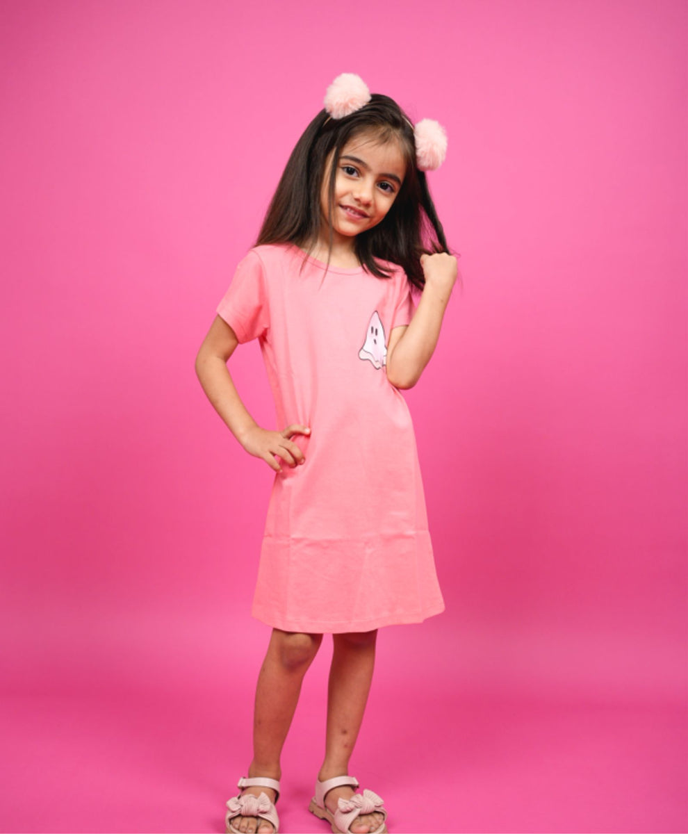 Boo Cartoon Print Crew-Neck Girls T-Shirt Dress- Be Awara
